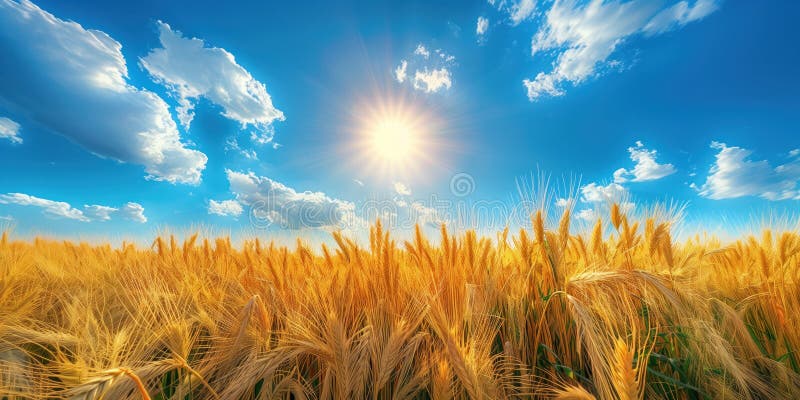 Tranquil Scene of a Wheat Field Under a Stunning Blue Sky with Fluffy ...