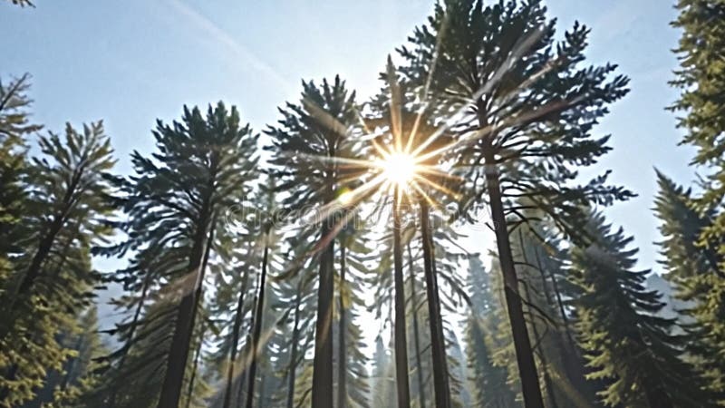 A Tranquil Scene Where the Sun Shines on the Tops of Tall Trees. Light ...
