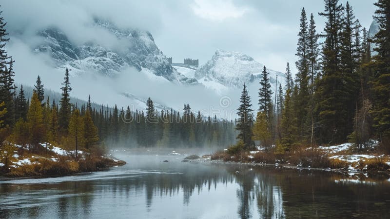 Tranquil Scenery with Snow Castle in Clouds. Mountain Creek Flows from ...