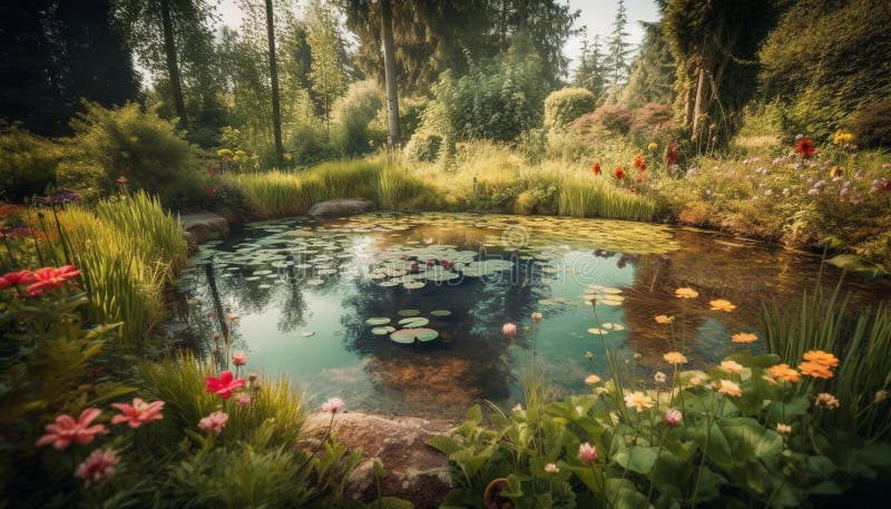 Tranquil Scenes of Water, Trees, and Lotus Generated by AI Stock ...