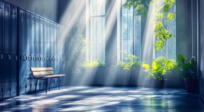 A Tranquil School Setting with a Sunlit Corridor, Lockers, and Benches ...