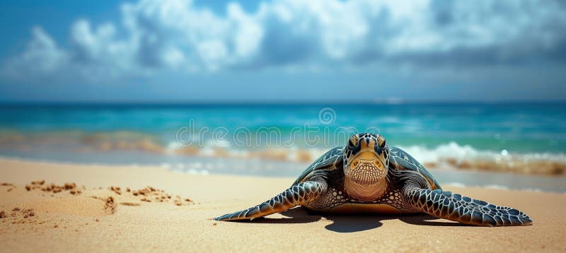 Tranquil Sea Turtle Resting on Sandy Beach with Mesmerizingly Deep Blue ...