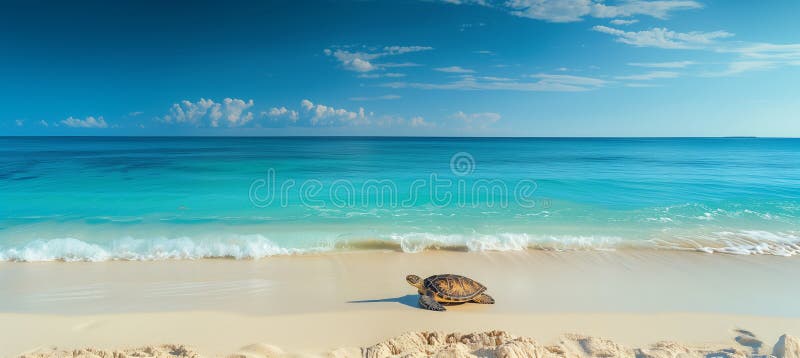 Tranquil Sea Turtle Resting on Sandy Beach with Mesmerizingly Deep Blue ...