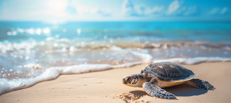 Tranquil Sea Turtle Resting on Sandy Beach with Mesmerizingly Deep Blue ...