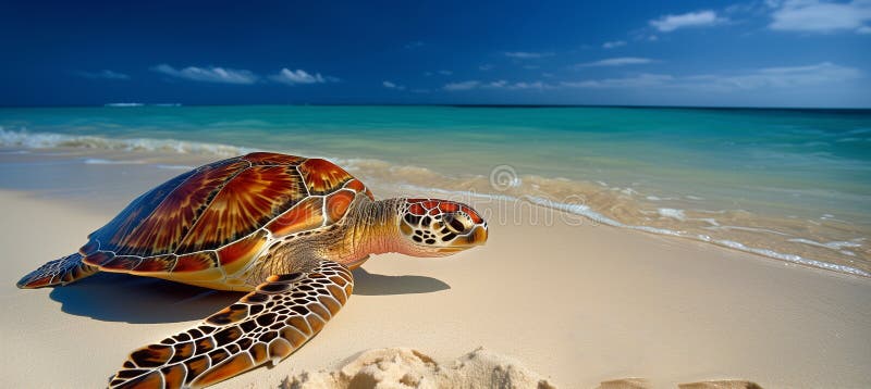 Tranquil Sea Turtle Resting on Sandy Beach with Mesmerizingly Deep Blue ...