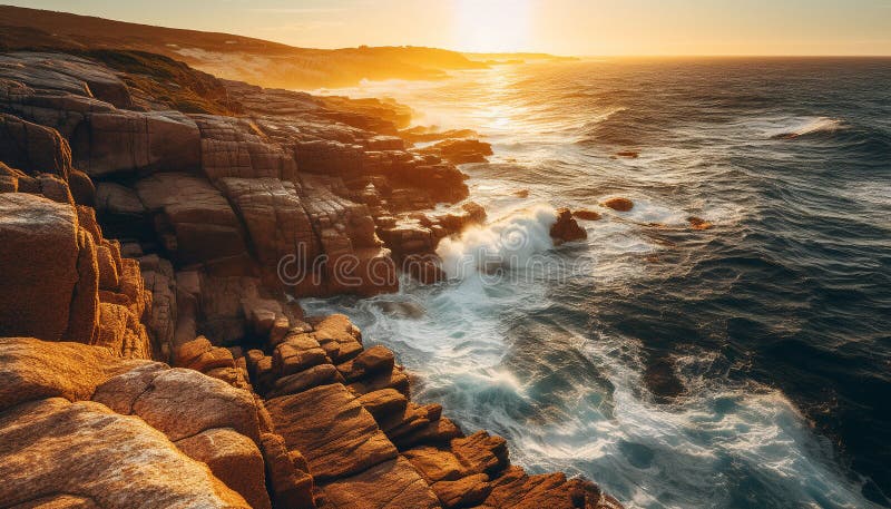 Tranquil Seascape: Majestic Waves Crash Against Sandstone Cliffs at Dusk Generated by AI Stock ...