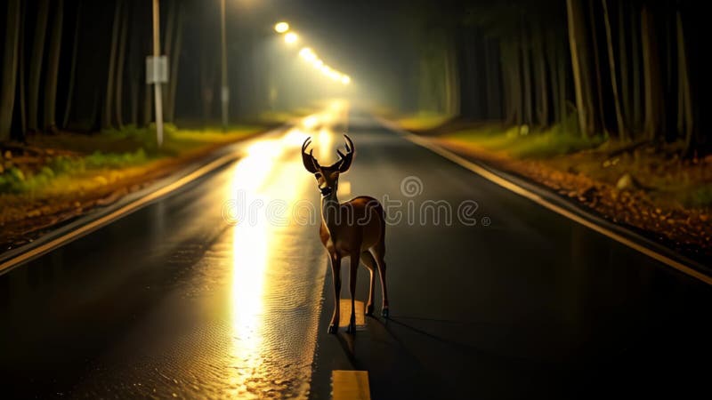 Encountering Majestic Deer on a Dimly Lit Road during a Serene Night ...