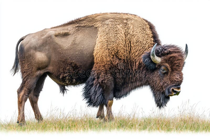 In a Tranquil Setting, a Herd of Bison Grazes on Verdant Grass, Their ...