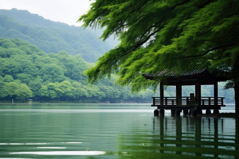 A Tranquil Shinto Shrine Surrounded by a Pristine Lake Stock Photo - Image of sacred, reflection ...