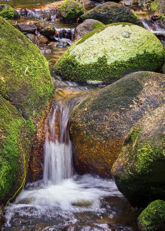 Tranquil Small Waterfall Flowing through Mossy Rocks in the Riverbed ...