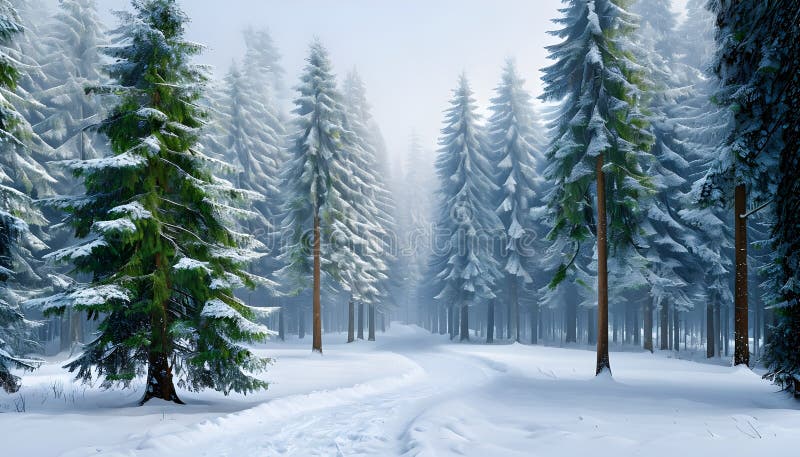 Tranquil Snowy Forest Pathway Inviting Exploration through Nature Stock ...