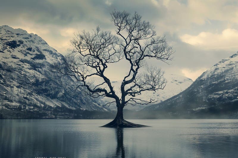 Tranquil Snowy Mountain Scenery Featuring a Bare Tree and Misty ...