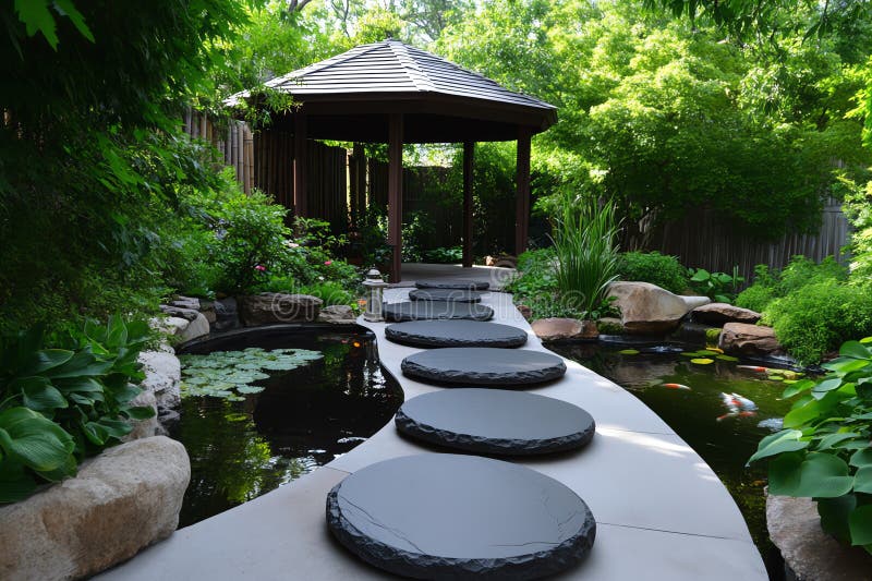 A Tranquil Spa Garden Featuring a Meditation Pavilion, a Koi Pond, and ...