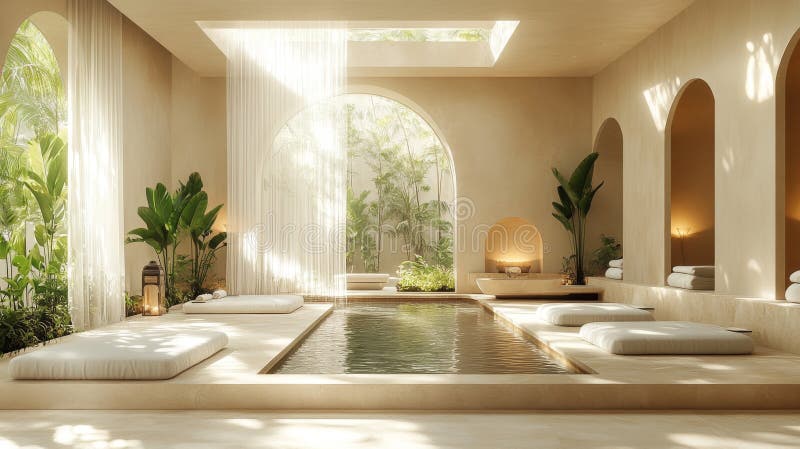 Tranquil Spa Interior with Natural Light and Lush Greenery during a ...