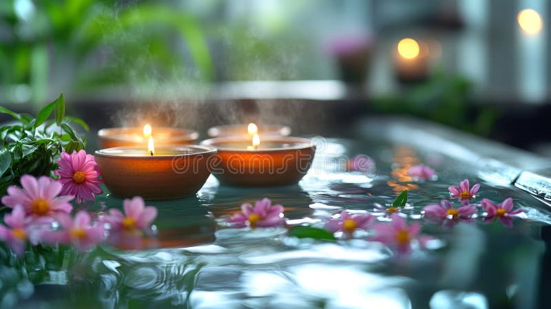 Tranquil Spa Retreat Featuring Herbal Tea Cups and Floating Candles in ...