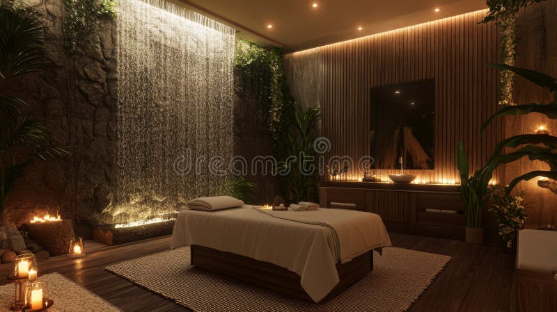 Tranquil Spa Room with Waterfall Feature and Massage Table Stock ...