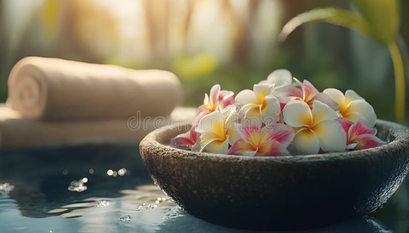 Tranquil Spa Setting with Frangipani Flowers Floating in a Stone Bowl ...