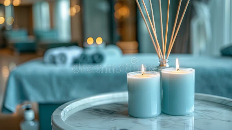 Tranquil Spa Setting Lit Candles and Reed Diffuser on Table with Soft ...
