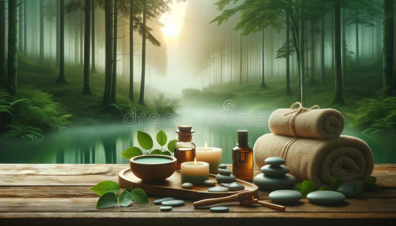 Tranquil Spa Setting in Misty Forest with Natural Wellness Products, AI ...
