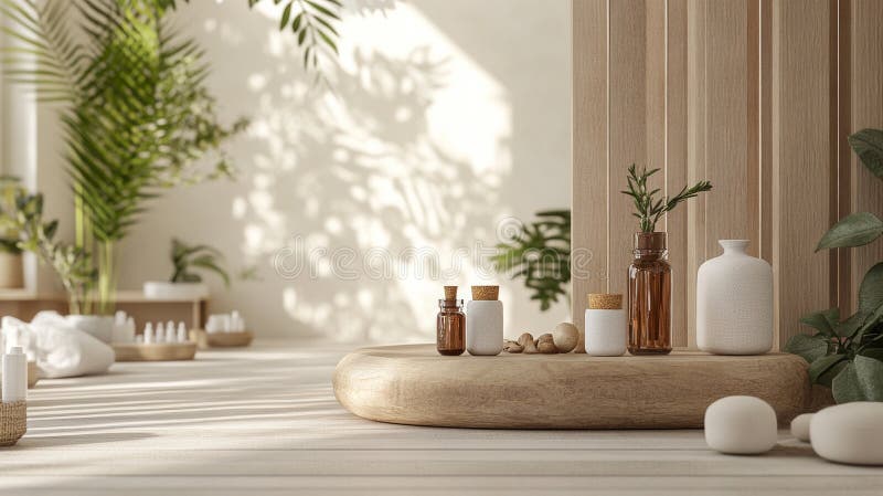 Tranquil Spa Setting with Natural Light and Essential Oils on Wooden ...