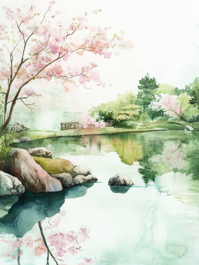 Tranquil Spring Landscape Featuring Cherry Blossoms and Serene Water ...