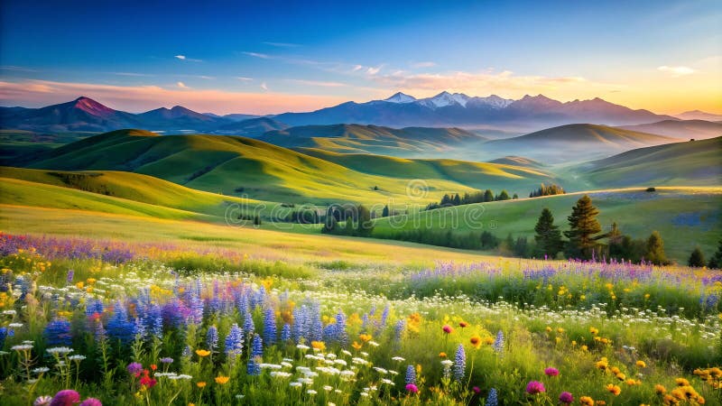Tranquil Spring Landscape with a Lush Meadow and a Distant Mountain ...