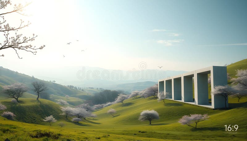 Tranquil Spring Landscape with Modern Architectural Frame Stock ...