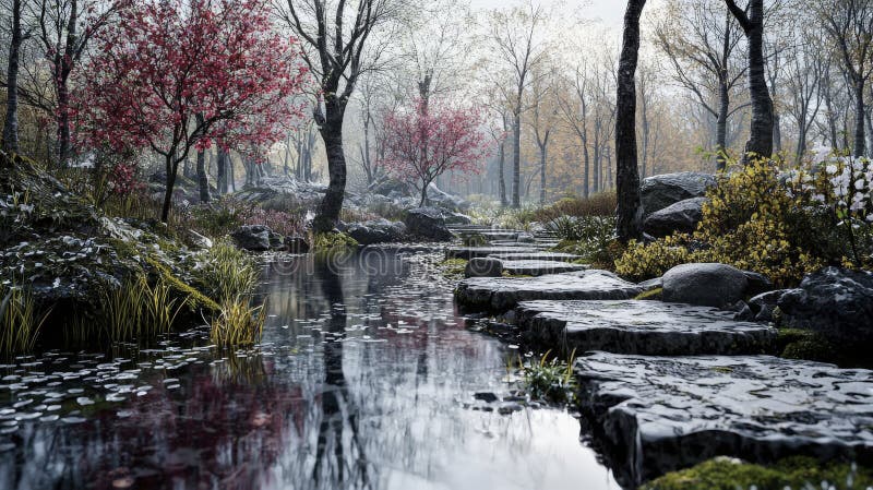 Tranquil Spring Landscape Serene Stream and Soft Aesthetic in Nature S ...