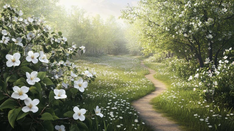 A Tranquil Spring Path Weaving among Flowering Fruit Trees Stock Image ...