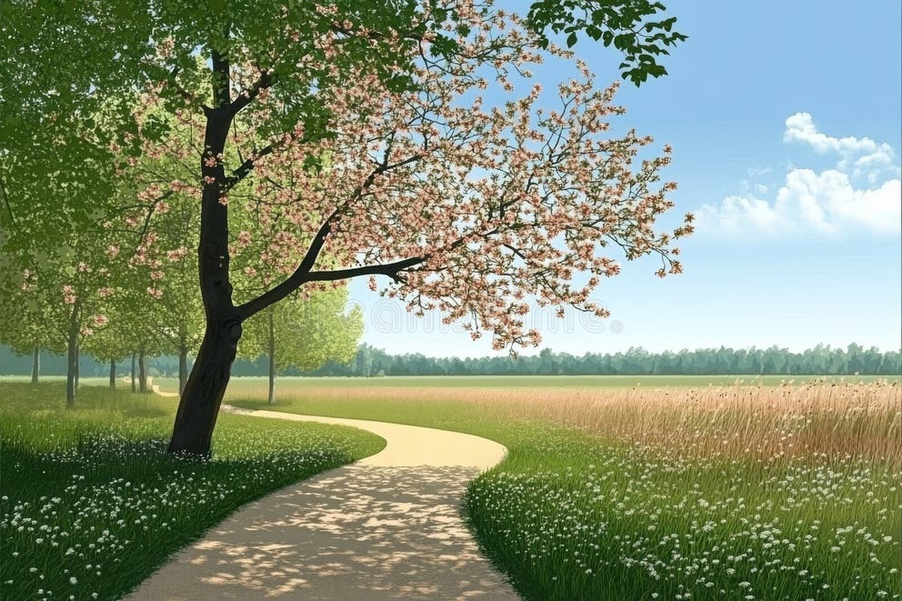 Tranquil Spring Pathway through Cherry Blossom Trees in Serene ...
