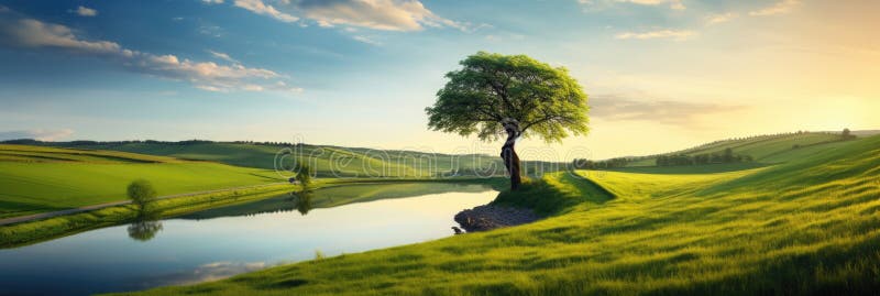 Tranquil Spring or Summer Landscape with River and Tree at Sunset Stock ...