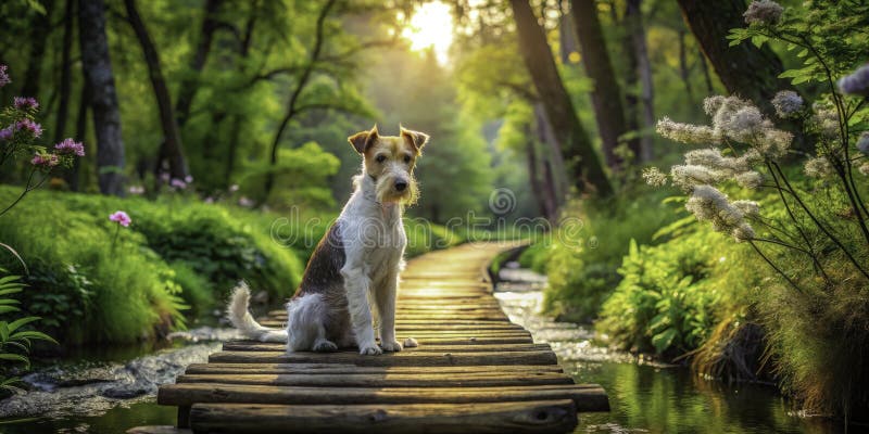 Tranquil Springtime Stroll an Old Fox Terrier Crosses a Rustic Wooden ...
