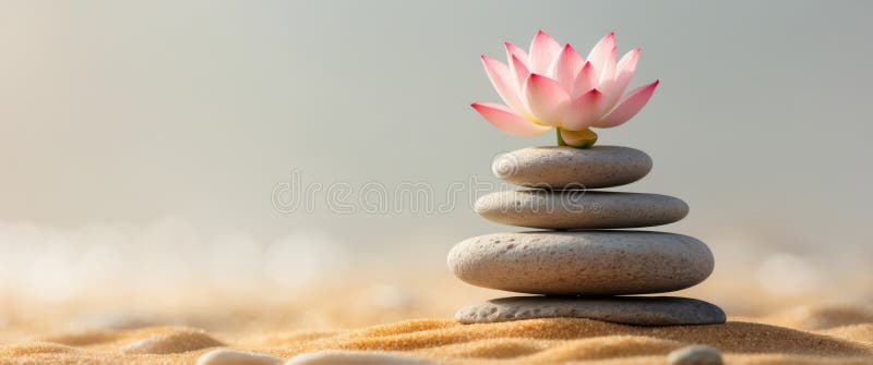 Tranquil Stack of Stones with Pink Lotus Flower on Sand. Stock Photo ...