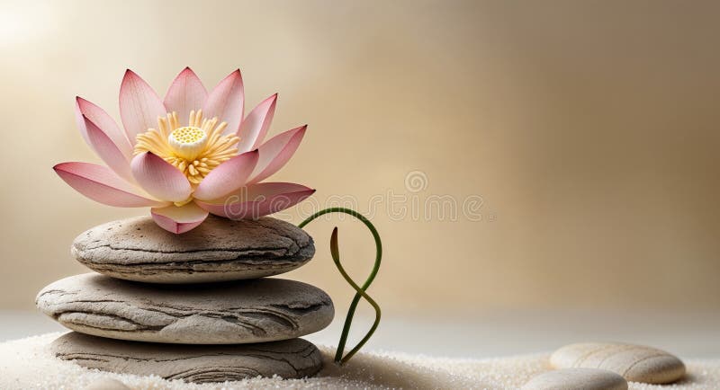 Tranquil Stack Stones Pink Lotus Flower Sand Stock Photos - Free ...