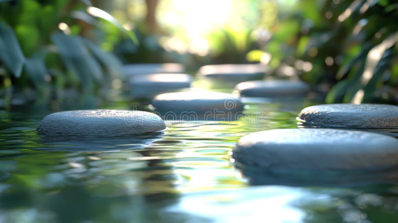 Tranquil Stepping Stones Across Calm Water in Lush Greenery Stock ...
