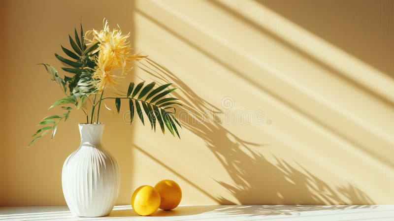 A Tranquil Still Life Setup Featuring a White Vase with Flowers and ...