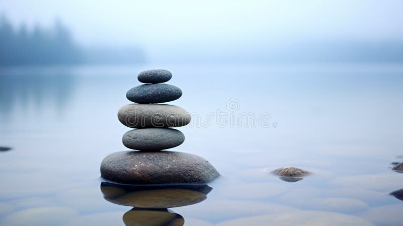 Balanced Stone Stack Reflecting Calm Water Sunset Stock Photos - Free ...