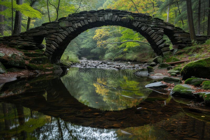 Tranquil Stone Bridge Arches Over a Forest Stream, Surrounded by Lush ...