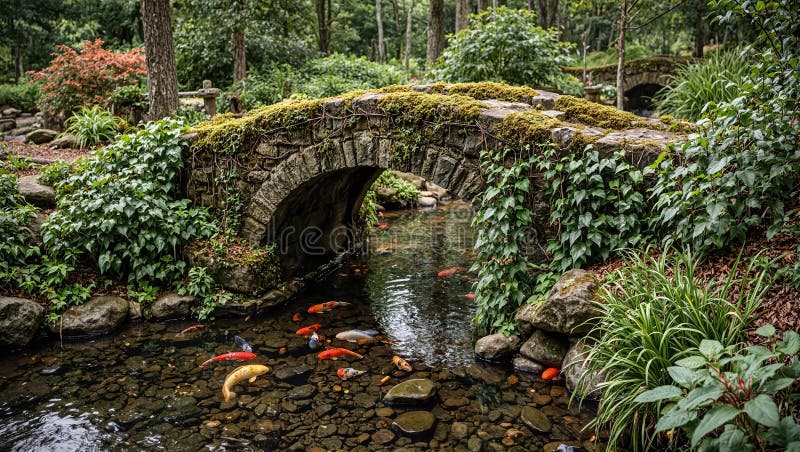 Tranquil Stone Bridge Over Stream with Colorful Koi Fish Stock ...