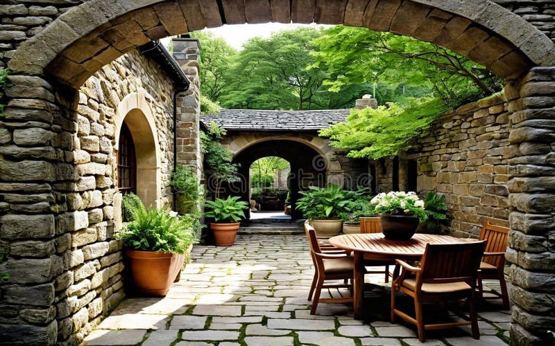 Tranquil Stone Courtyard Retreat with Greenery Stock Photo - Image of ...