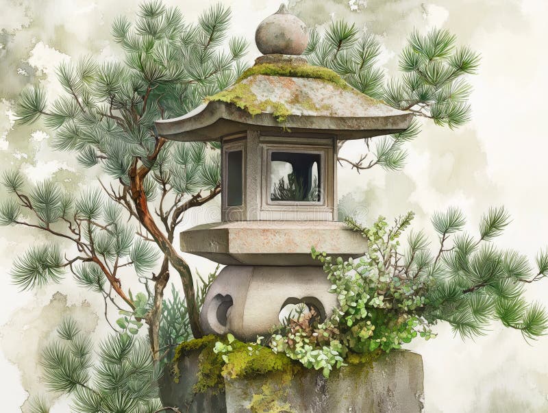 Tranquil Stone Lantern Amid Pine Trees in a Zen Garden Setting Stock ...