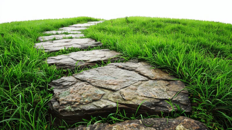 Tranquil Stone Path Winding through Lush Green Field Against a White ...