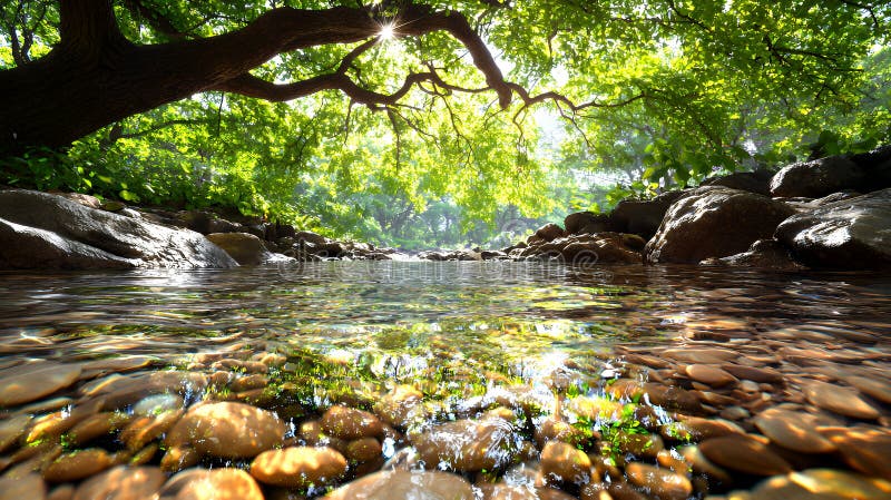 Tranquil Stream Flowing through Forest with Sun Shining through Trees ...