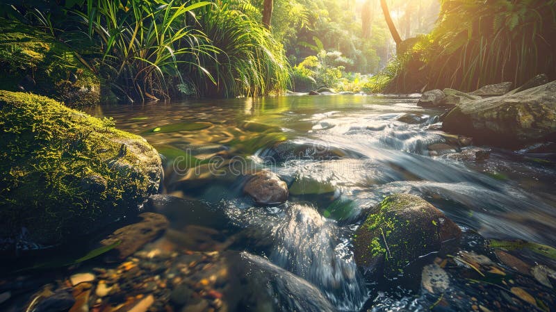 Tranquil Stream Flowing through Lush Greenery Stock Illustration ...