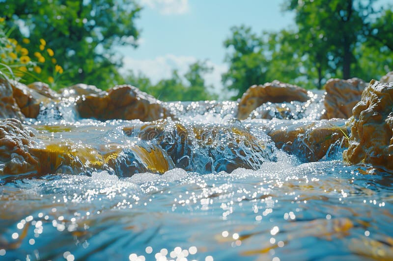 Tranquil Stream Flowing Over Rocks Stock Illustration - Illustration of ...