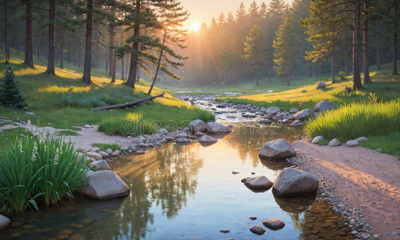 A Tranquil Stream Flows through a Verdant Forest at Sunset, Sunlight ...