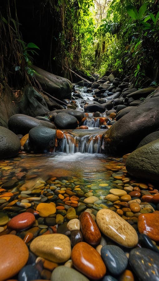 A Tranquil Stream Meanders through a Forest, with Smooth Rocks and ...