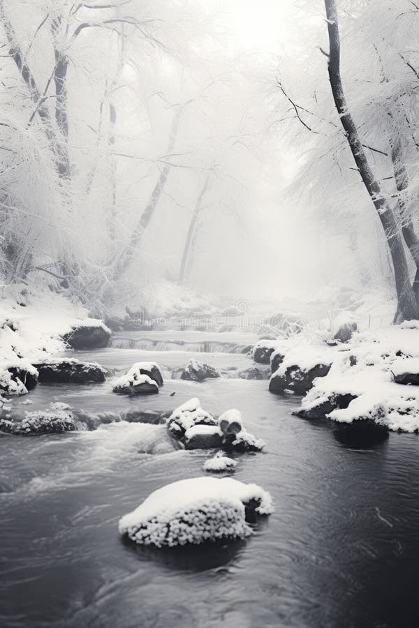 Tranquil Stream Snowy Forest Perfect Winter Themed Designs Stock Photos ...