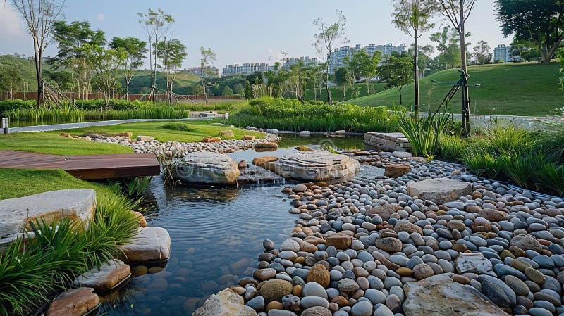 Tranquil Stream and Stone Pathway in a Park Stock Illustration ...