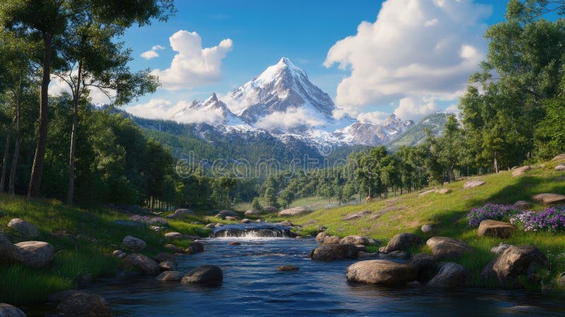 A Tranquil Stream Winds through Grassy Fields and Rocks, Reflecting the ...